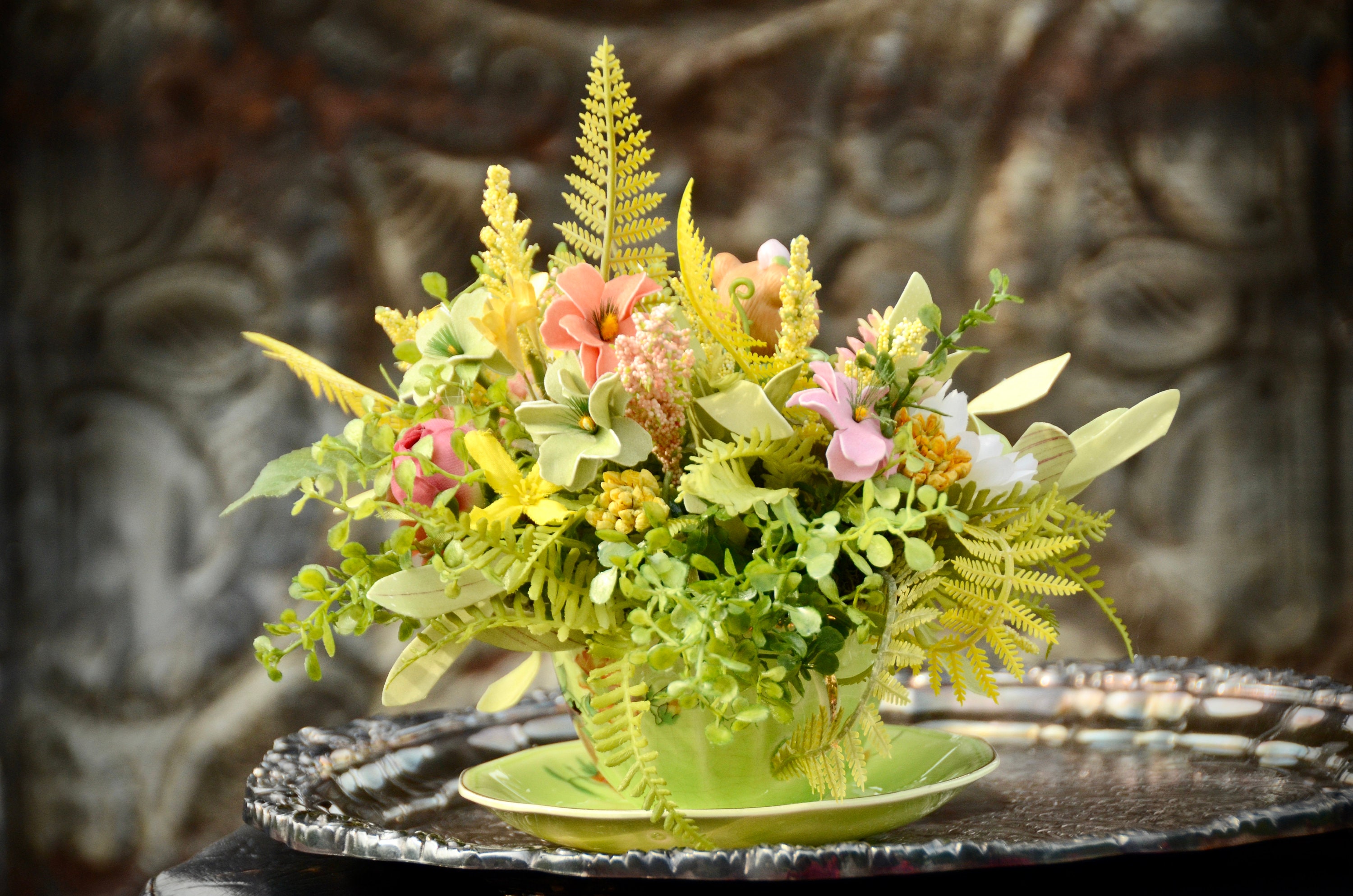 Teacup FLOWER ARRANGEMENT Centerpiece Bouquet in Teacup Assemblage Art ...