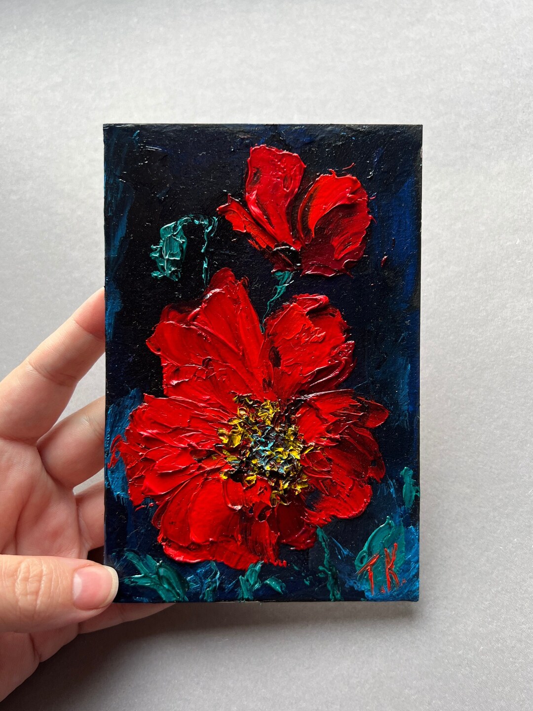 Original Miniature Floral Oil Painting Big Red Poppies on Dark Small ...