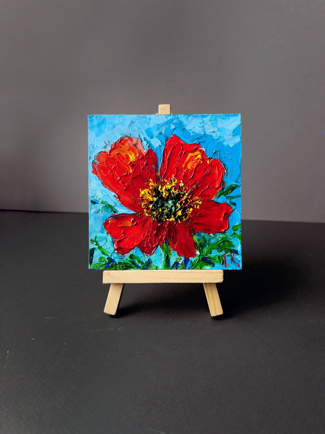 Original Miniature Oil Painting Red Poppy in Azure Blue Landscape Tiny ...