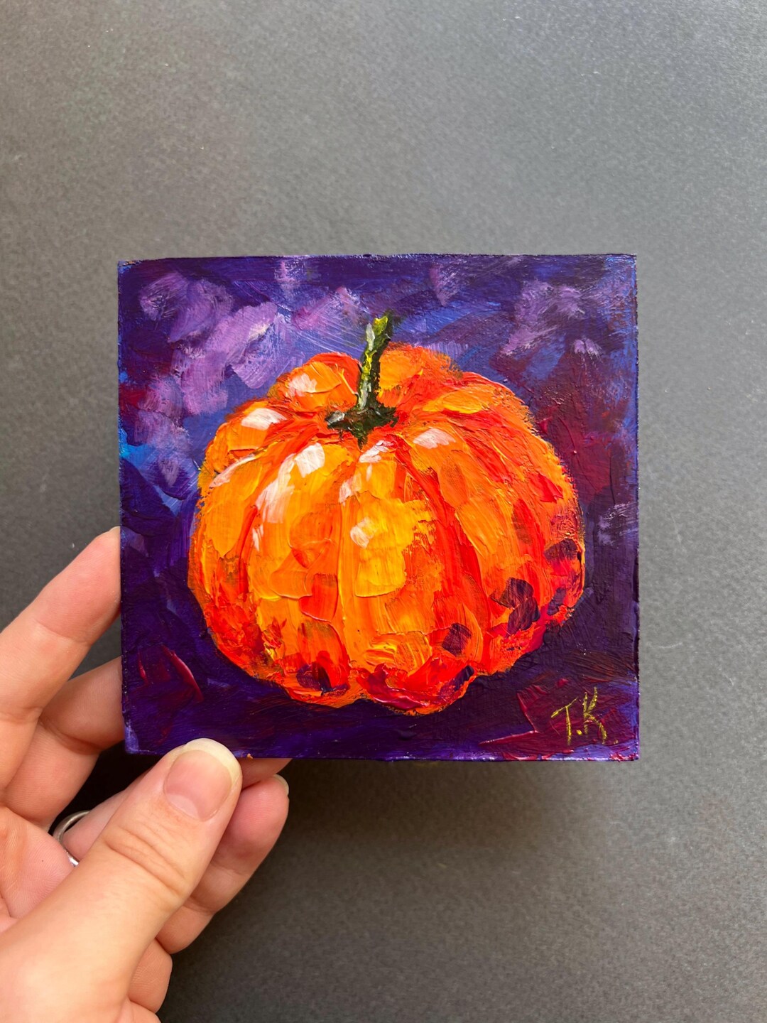 Original Vibrant Acrylic Painting Plump Pumpkin + Mini Easel Gift Fall ...