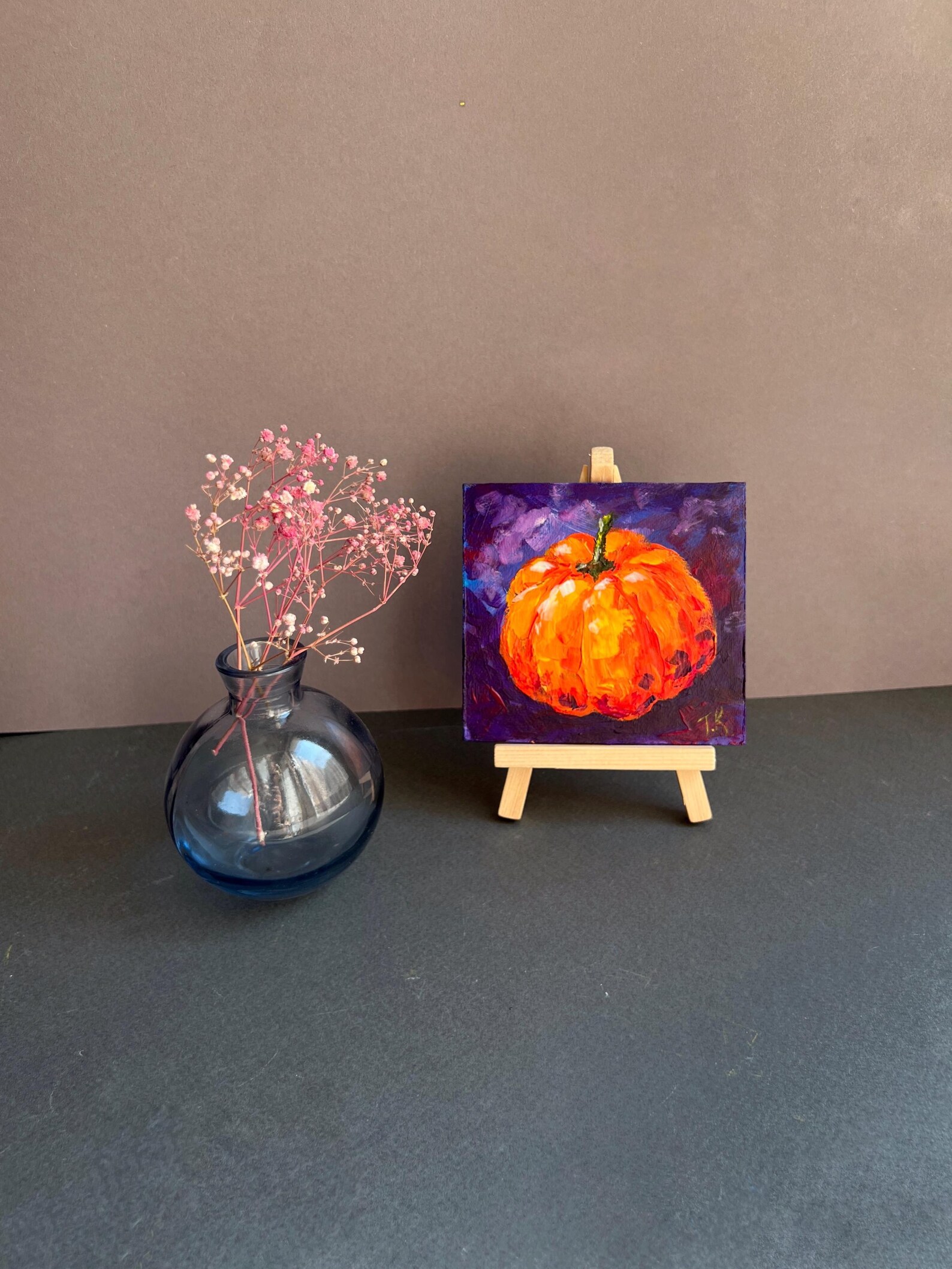 Original Vibrant Acrylic Painting Plump Pumpkin + Mini Easel Gift Fall ...