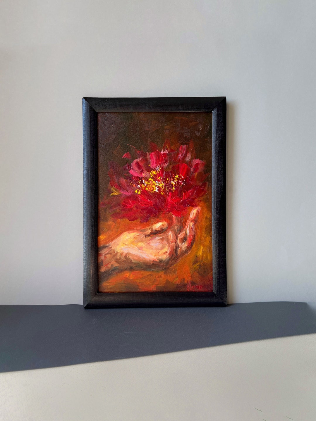 Abstract Floral Oil Painting Heartfelt Symbol Red Flower Palm Original ...