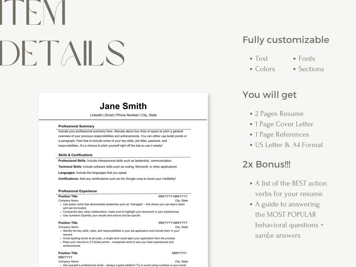 Resume Template ATS Friendly Google Docs Resume Word Canva Minimalist ...