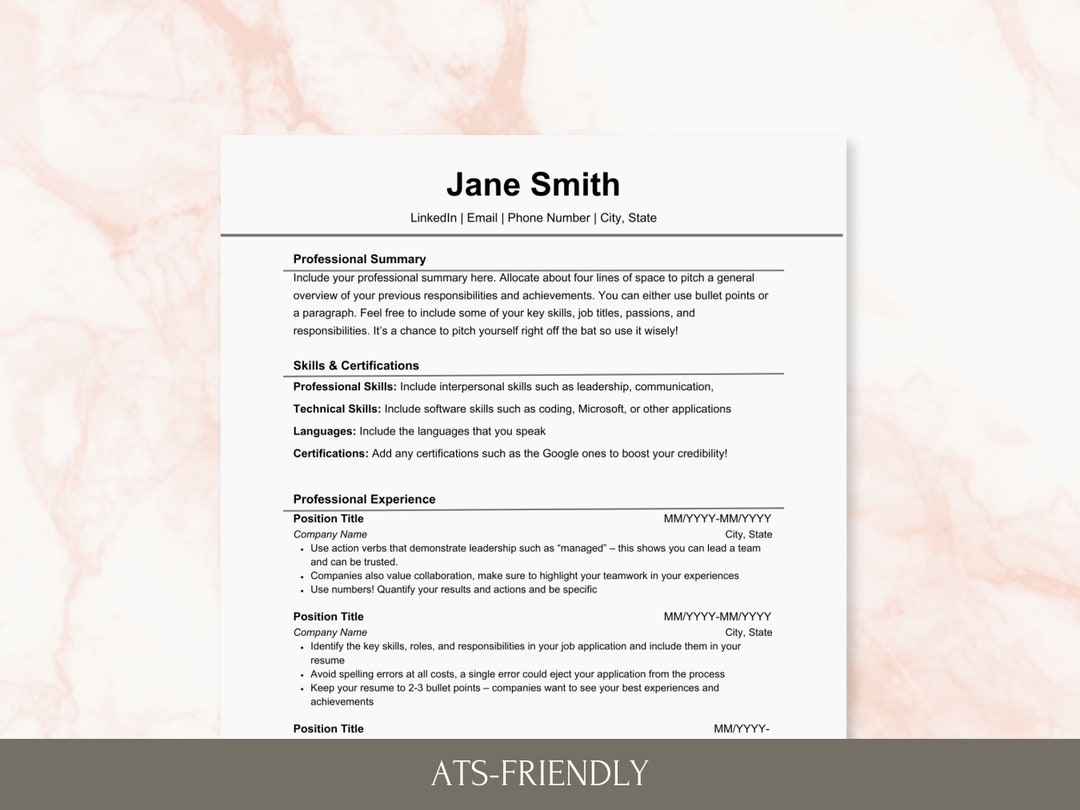 Resume Template ATS Friendly Google Docs Resume Word Canva Minimalist ...