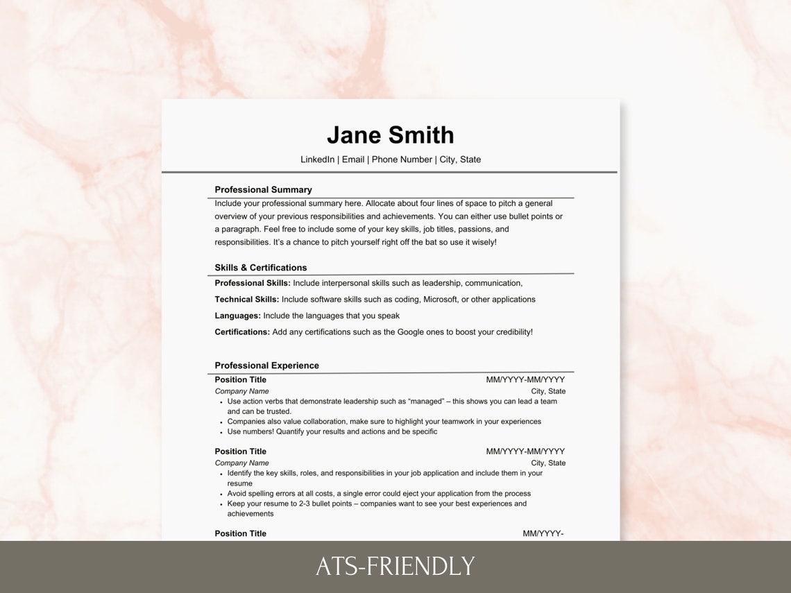 Resume Template ATS Friendly Google Docs Resume Word Canva Minimalist ...