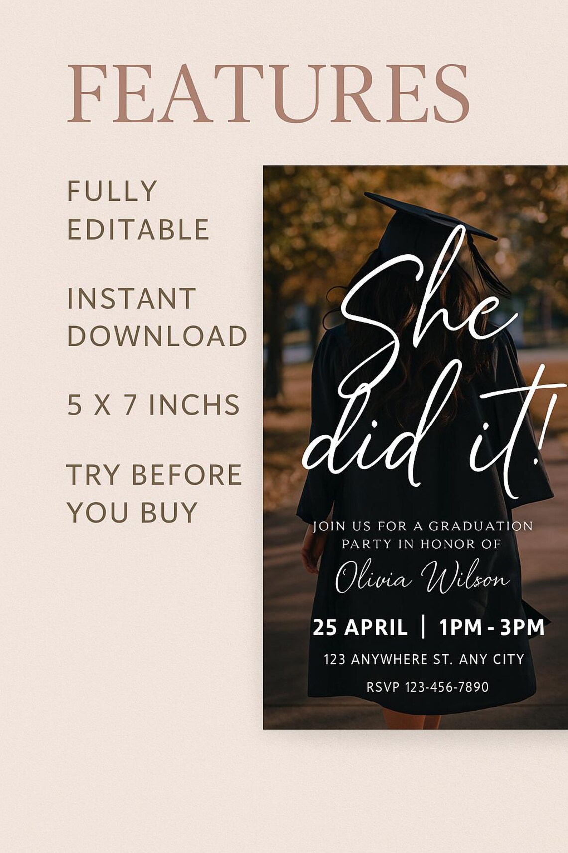 Graduation Party Invitation Editable | She Did It Grad Invite | Girl ...