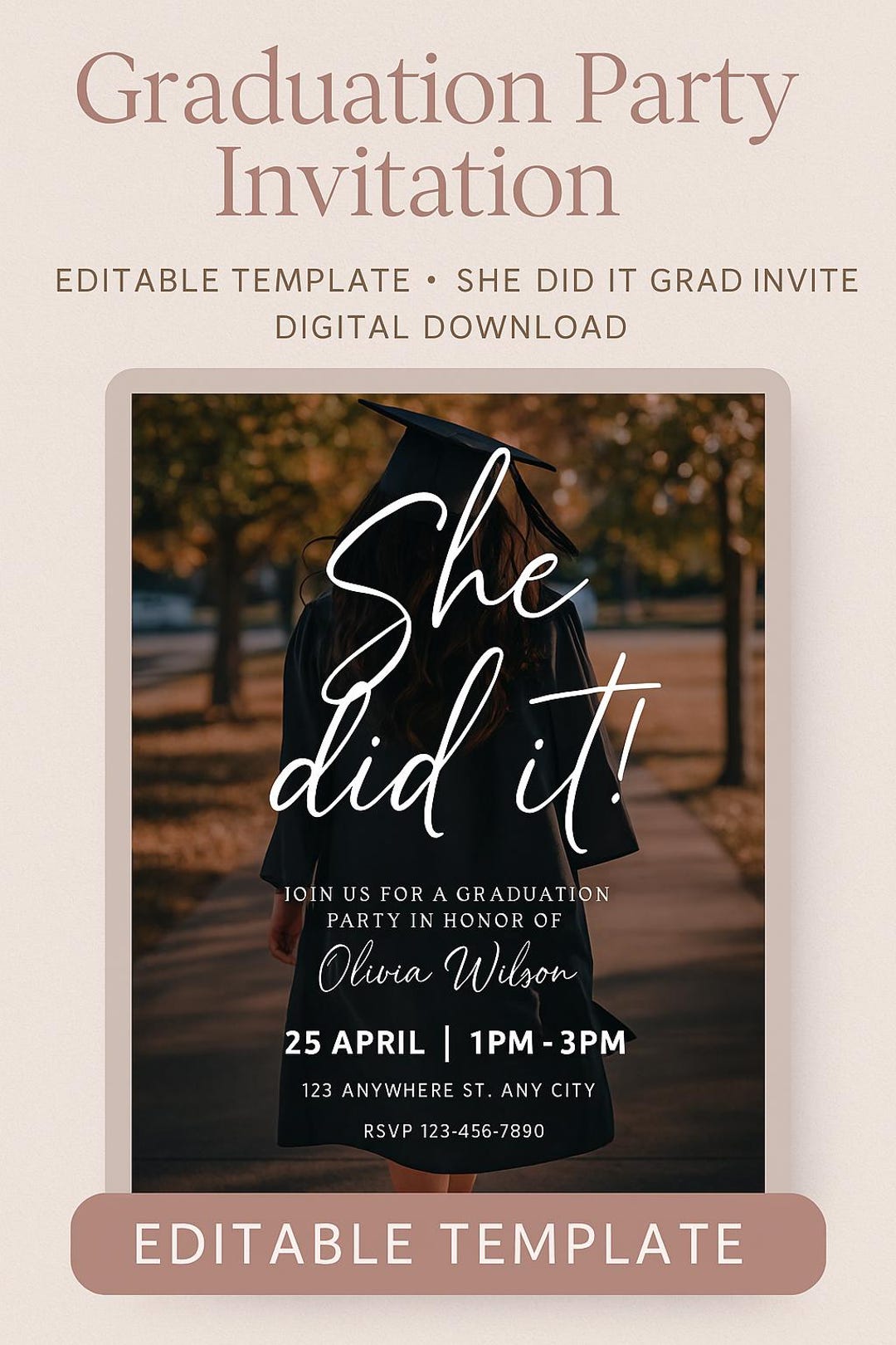 Graduation Party Invitation Editable | She Did It Grad Invite | Girl ...