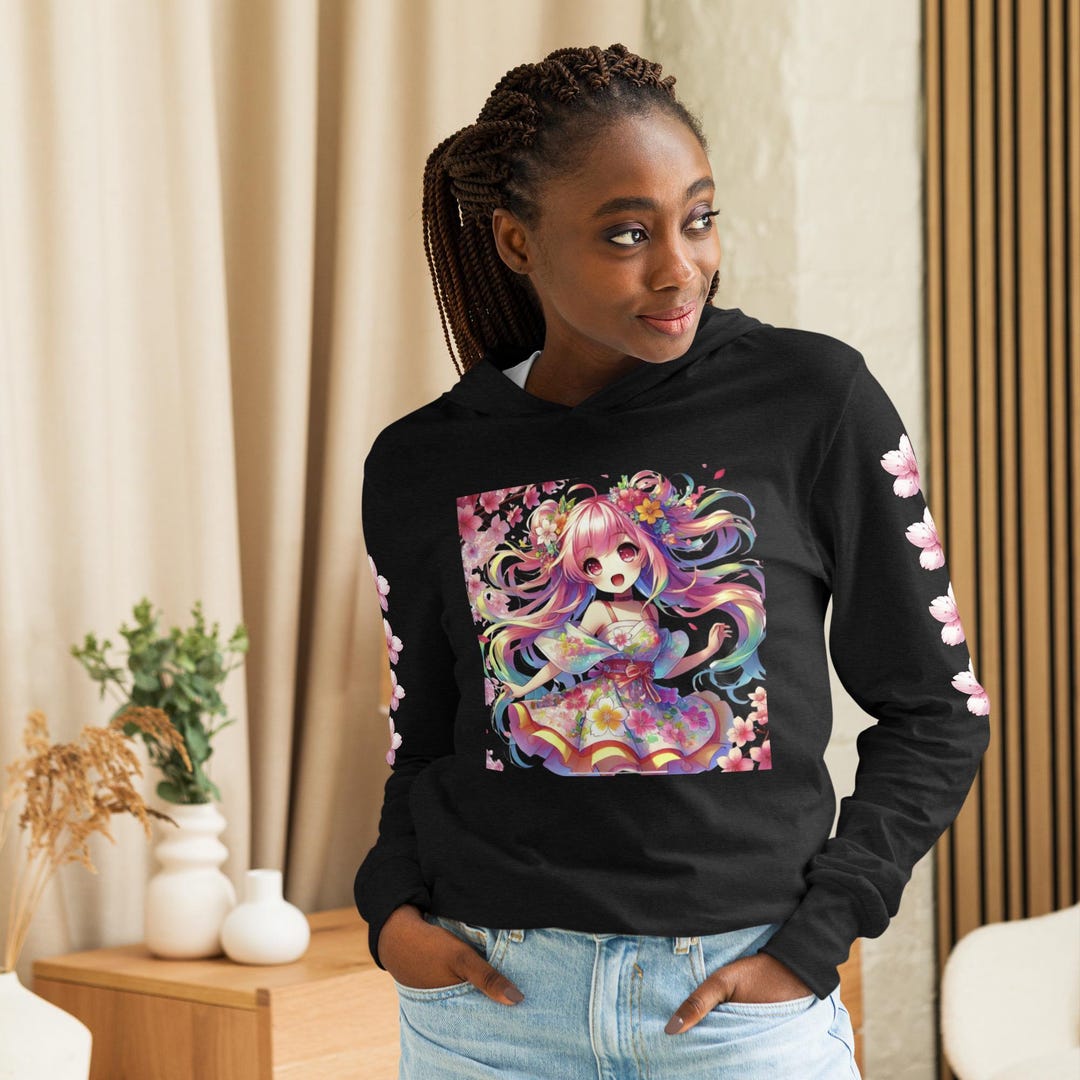 Blossom Radiance Anime Girl Hooded Long-sleeve Tee - Etsy
