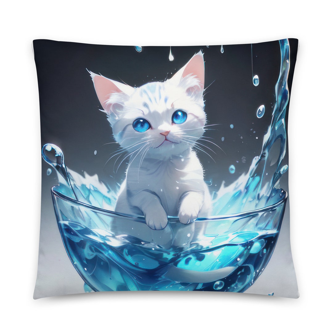 Aqua Purr Pillow: an Adorable Kitten Plays in Water, Heartwarming. - Etsy