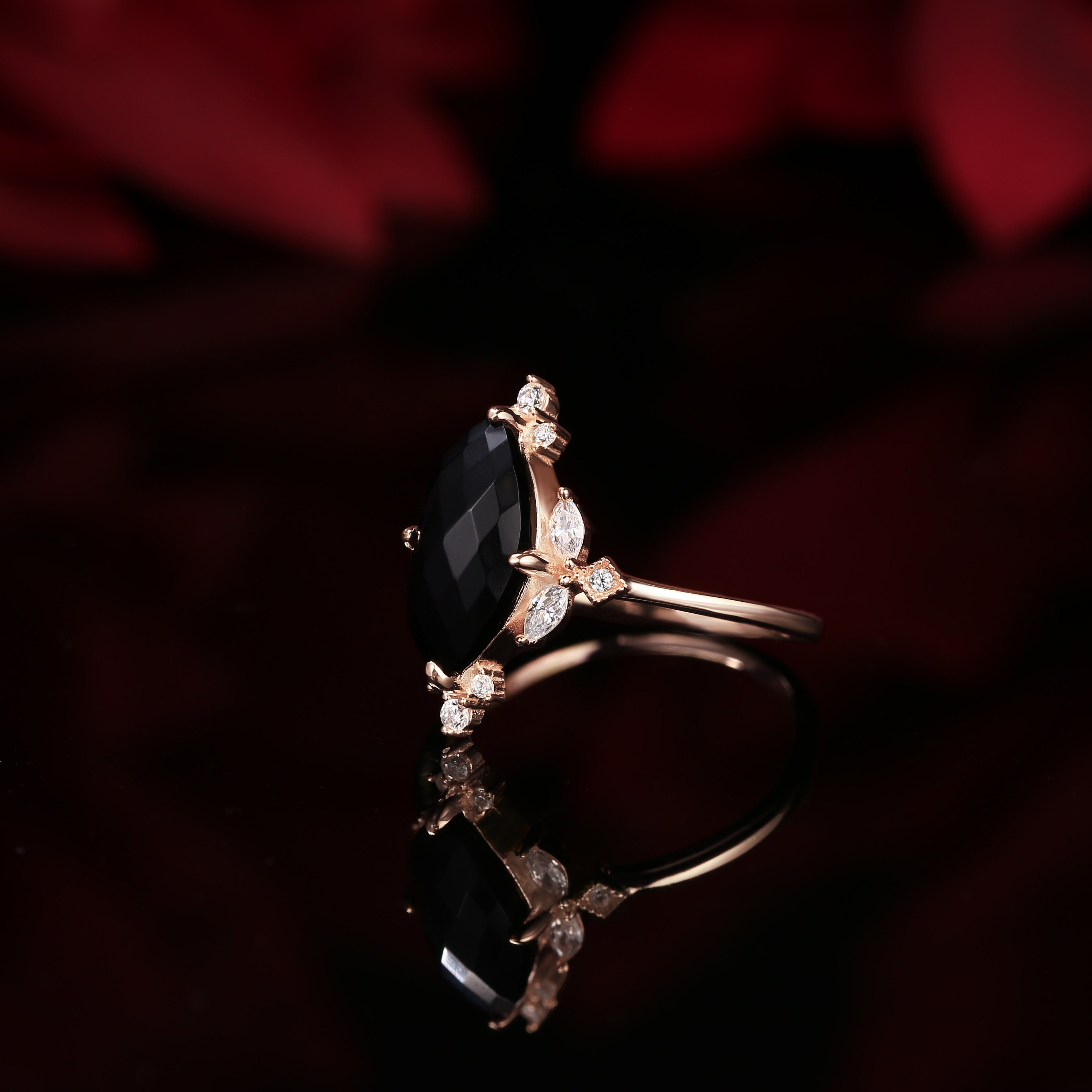 Black Onyx Engagement Ring, Marquise Cut Rose Gold Ring, Vintage ...