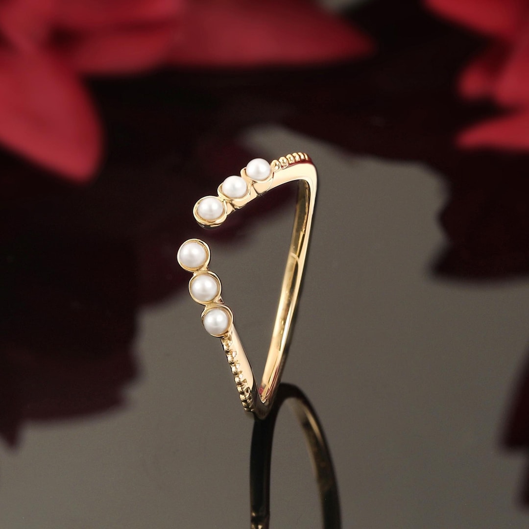 Open Wedding Band, Freshwater Pearl Ring, Curved Wedding Band, Yellow ...