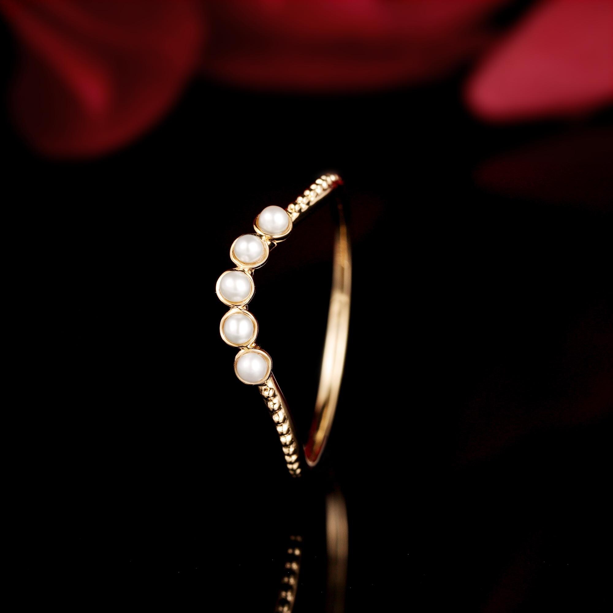 Freshwater Pearl Ring, Yellow Gold Curved Milgrain Wedding Band - Etsy