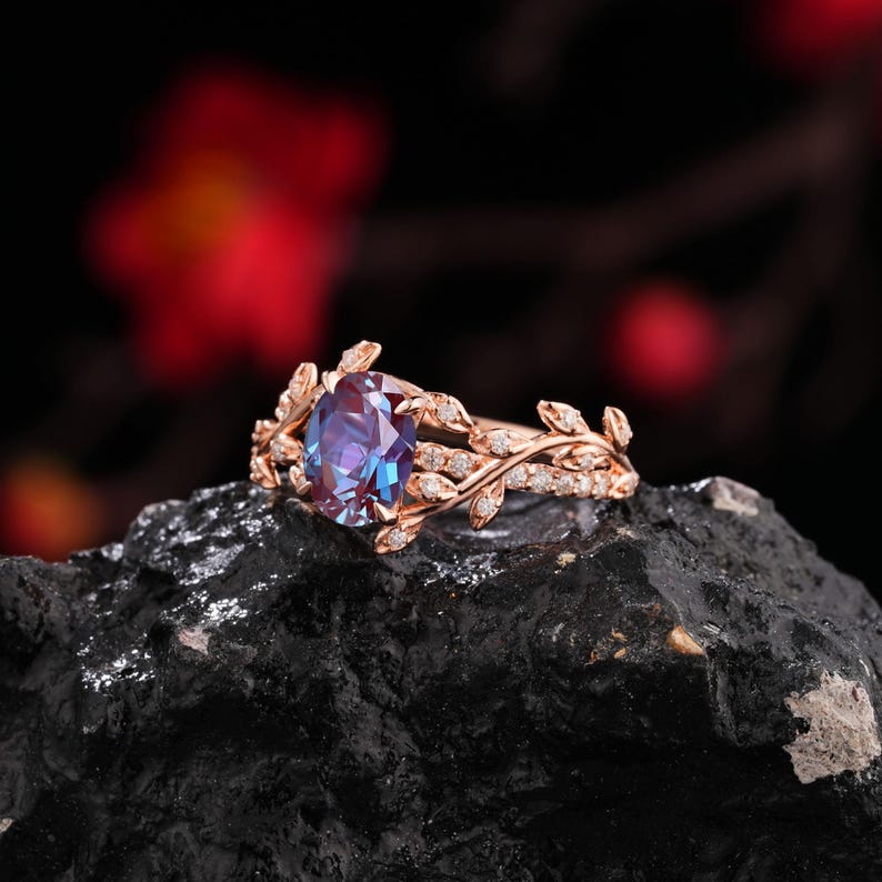 Oval Cut Lab Alexandrite Engagement Ring Nature Inspired Leaf Branch ...