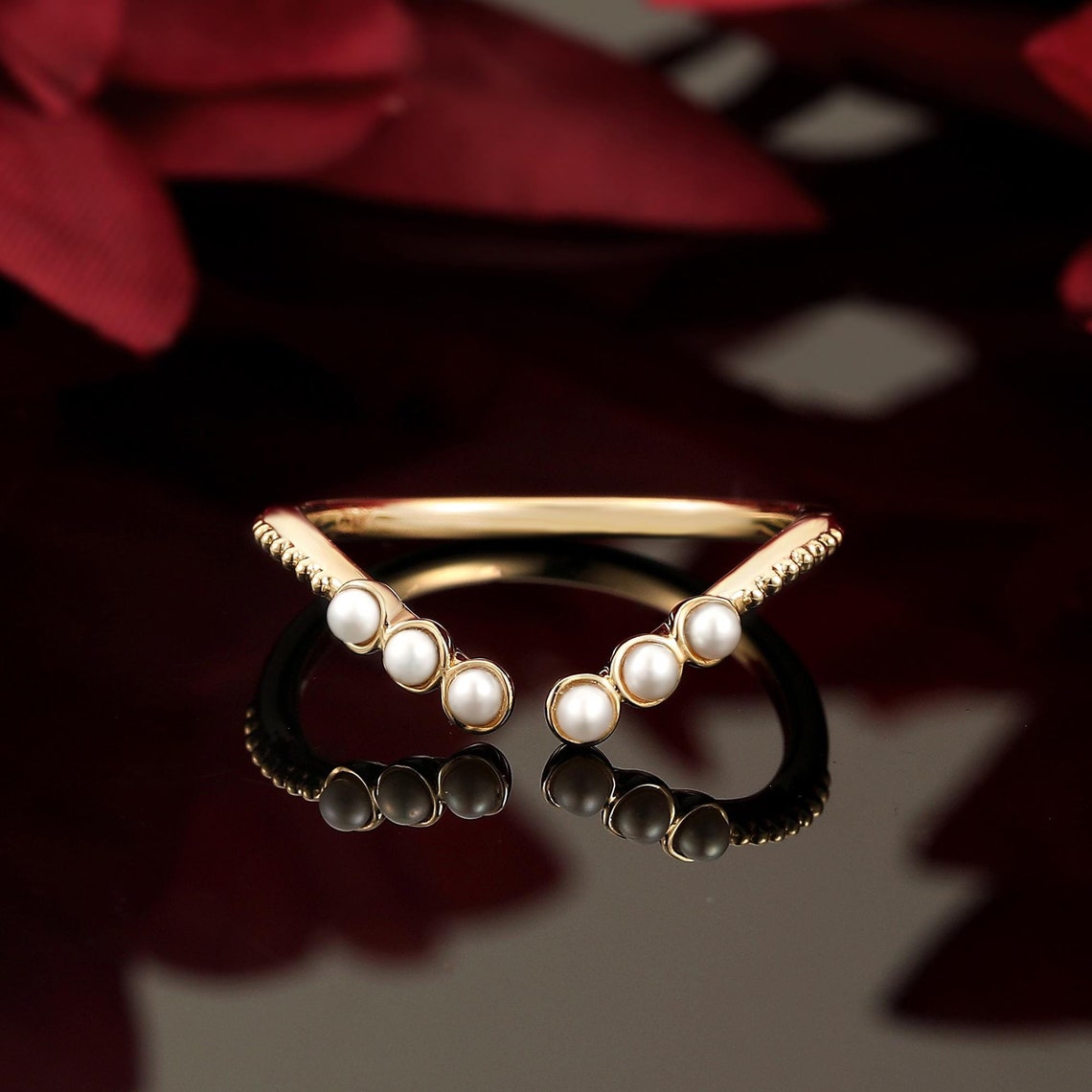 Open Wedding Band, Freshwater Pearl Ring, Curved Wedding Band, Yellow ...