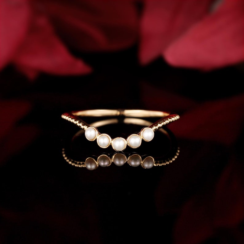 Freshwater Pearl Ring, Yellow Gold Curved Milgrain Wedding Band - Etsy
