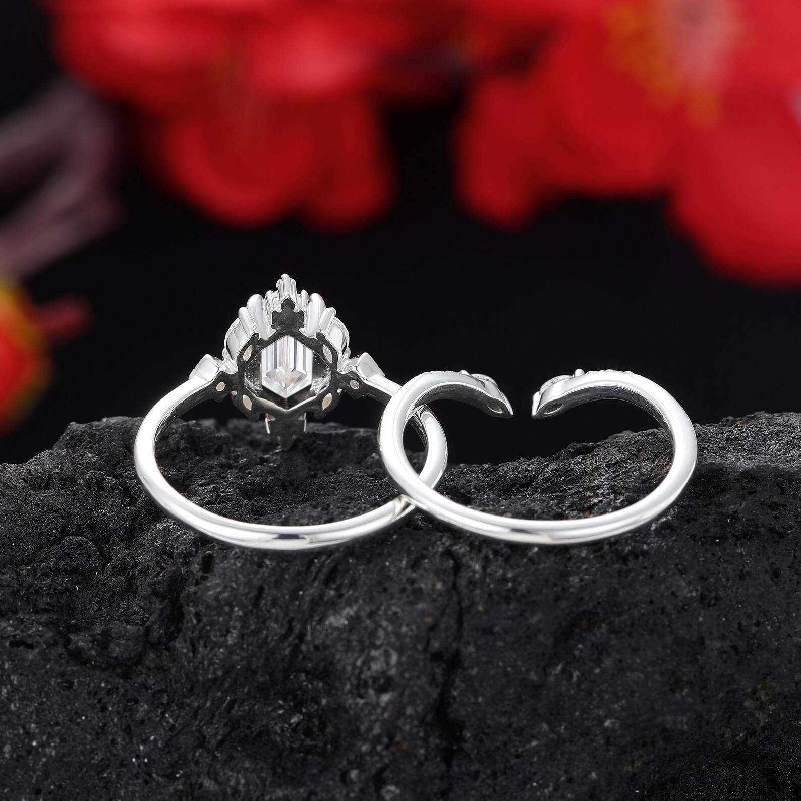 Anillo nupcial de moissanita hexagonal largo, anillo de compromiso ...