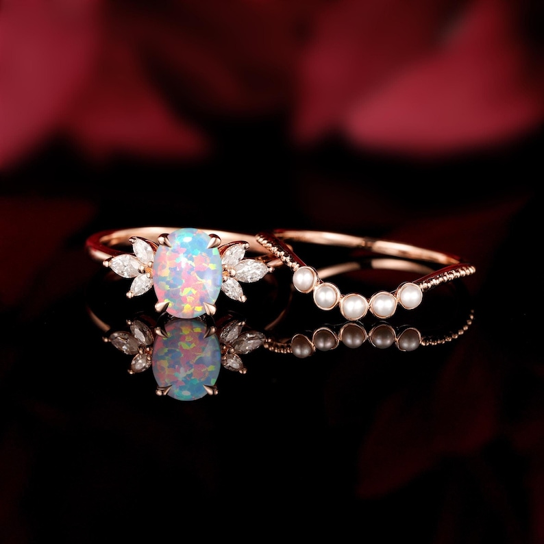 Oval Cut Opal Engagement Ring Vintage Rose Gold Bridal Set Freshwater Pearl Ring Milgrain Curved ...