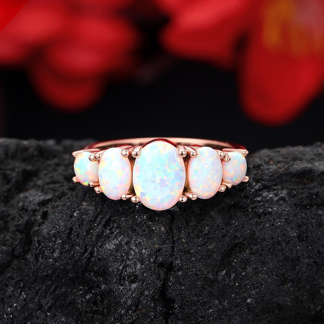 Lab-grown Opal Engagement Ring, Oval Cut Wedding Ring, 14K Rose Gold ...