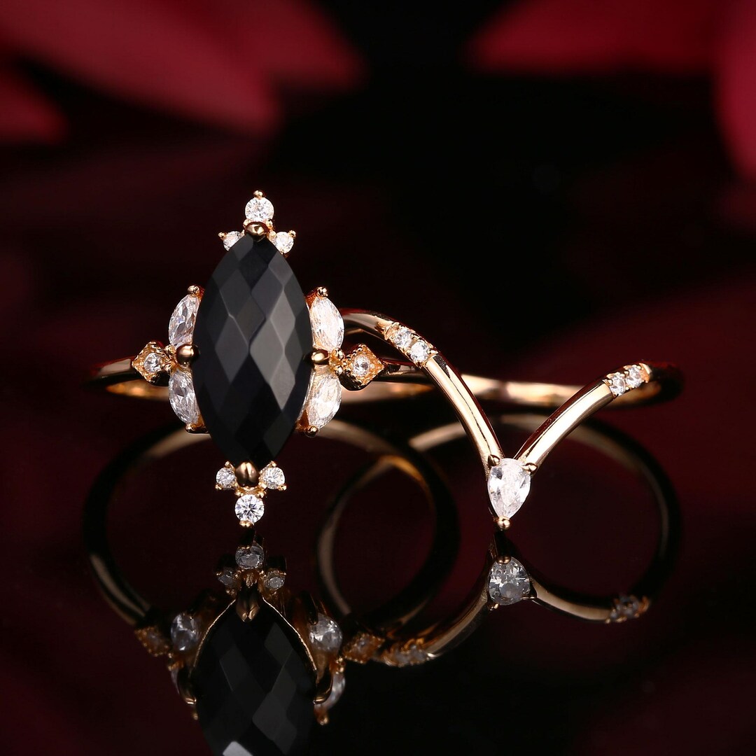 Marquise Cut Black Onyx Bridal Set Vintage Rose Gold Engagement Ring ...