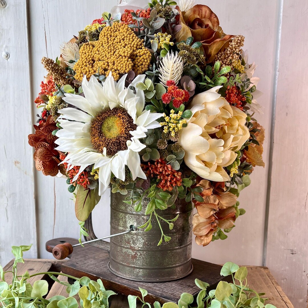 Rustic Farmhouse Floral Arrangement in Vintage Flour Sifter – Sunflower ...