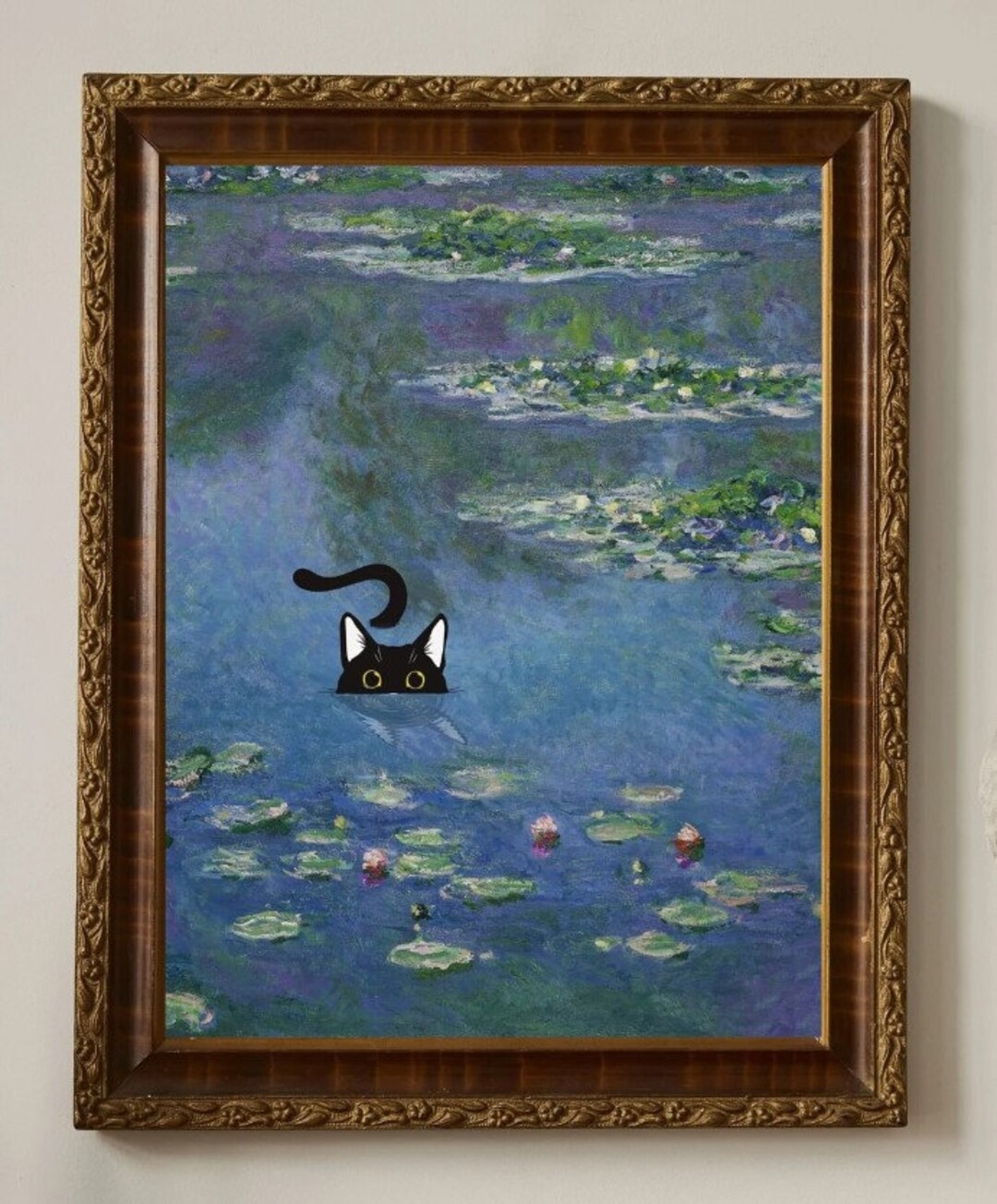 Monet Water Lily Black Kitty Poster, Claude Monet Cat Poster, Black Cat ...