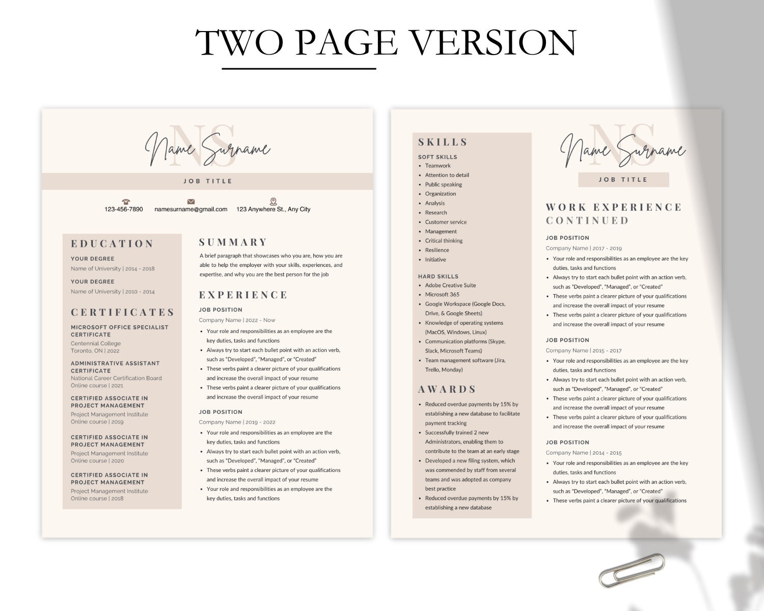 Aesthetic Resume Template | Creative CV Design (canva, PDF) - Etsy