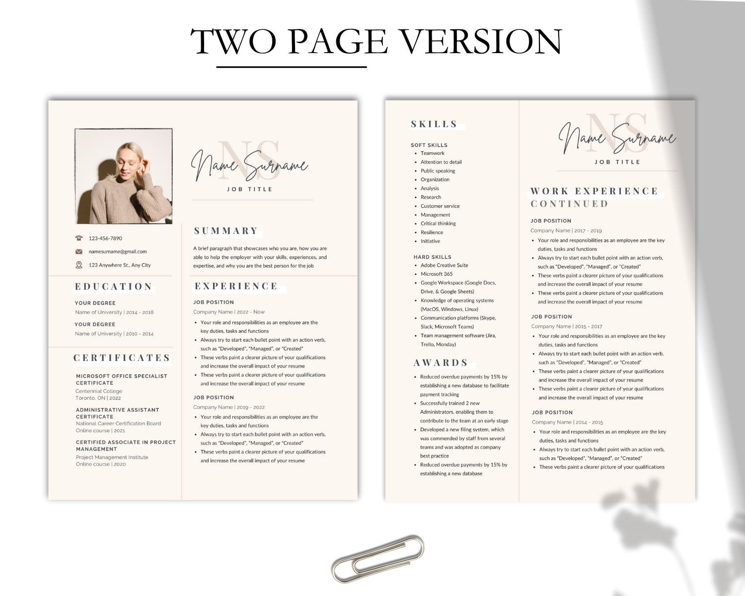 Aesthetic Resume Template Canva | Modern CV Design With Photo (digital ...