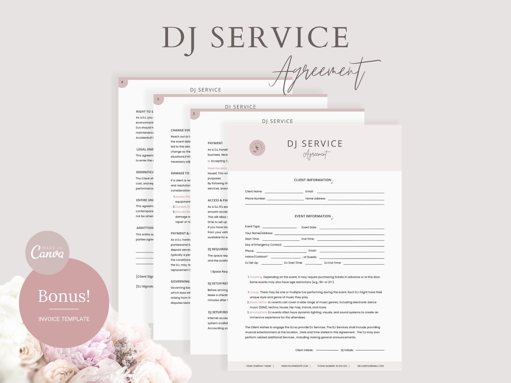 DJ Service Contract - Editable DJ Agreement, Wedding Dj Contract, Disc ...