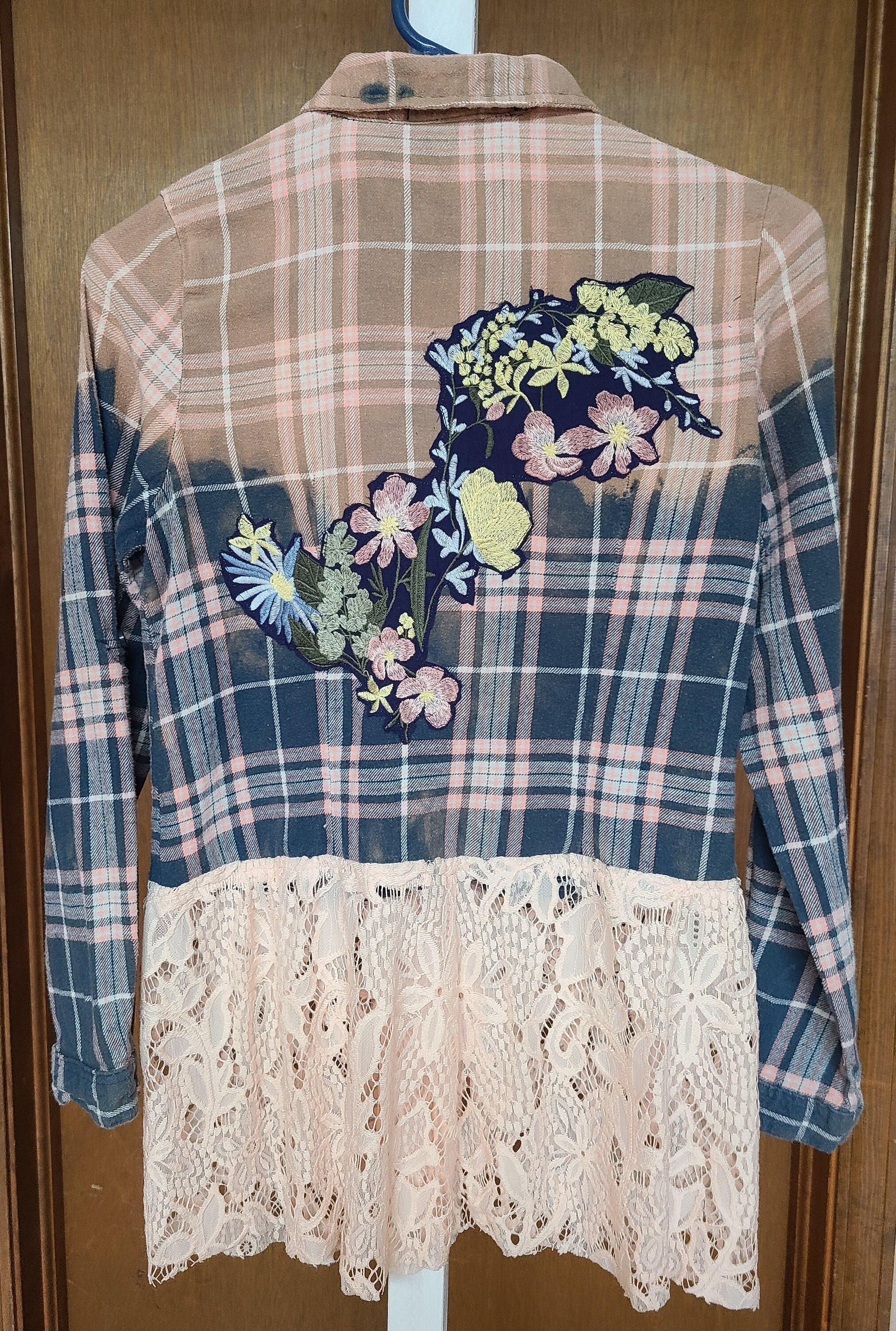 Upcycled Flannel Shirt With Embroidery Detail and Lace - Etsy