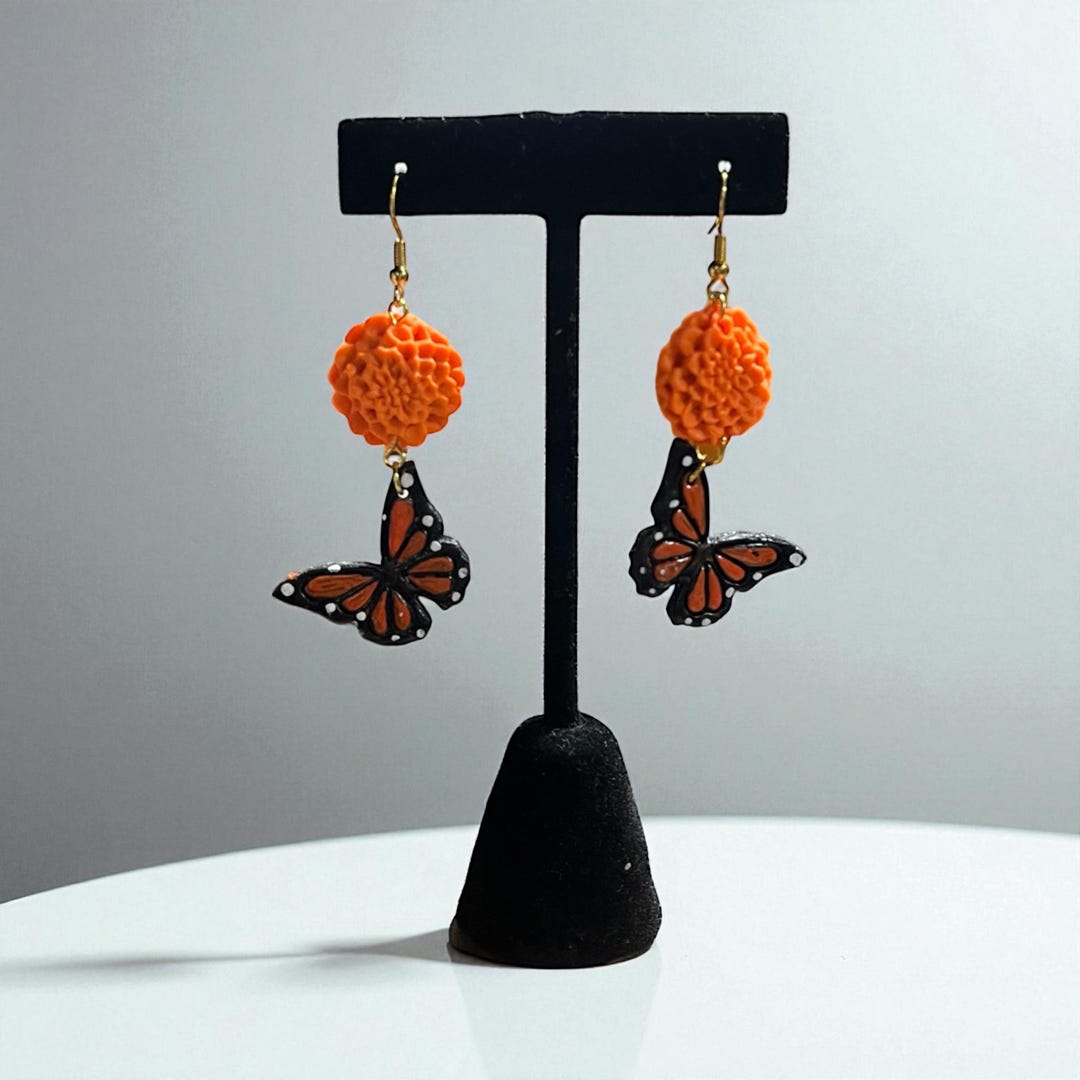Monarch Butterfly With Cempasuchil Flower Earrings. - Etsy