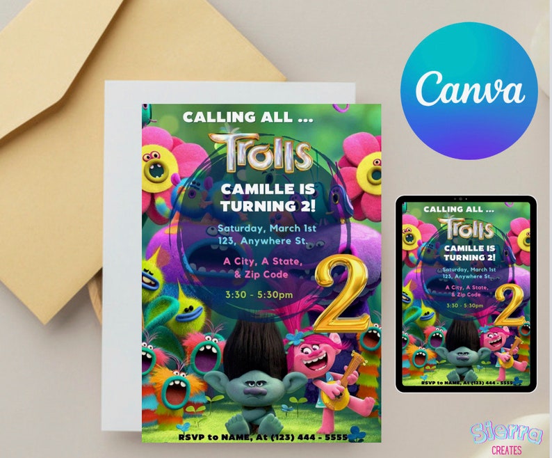 Trolls Birthday Invitation Editable Canva Digital Download - Etsy