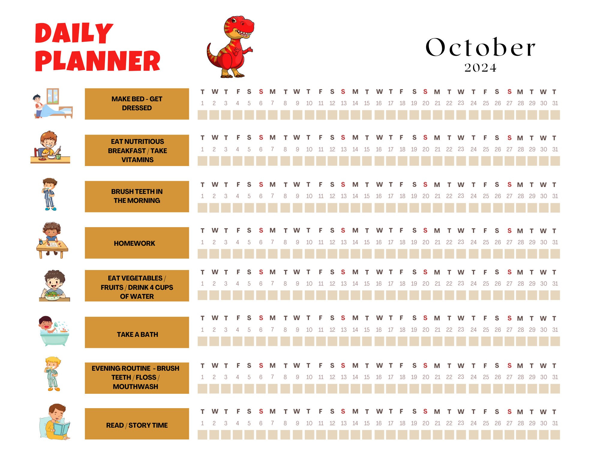 Habit Tracker for Kids TODDLER Monthly Tracker 2024 Dino Charts ...