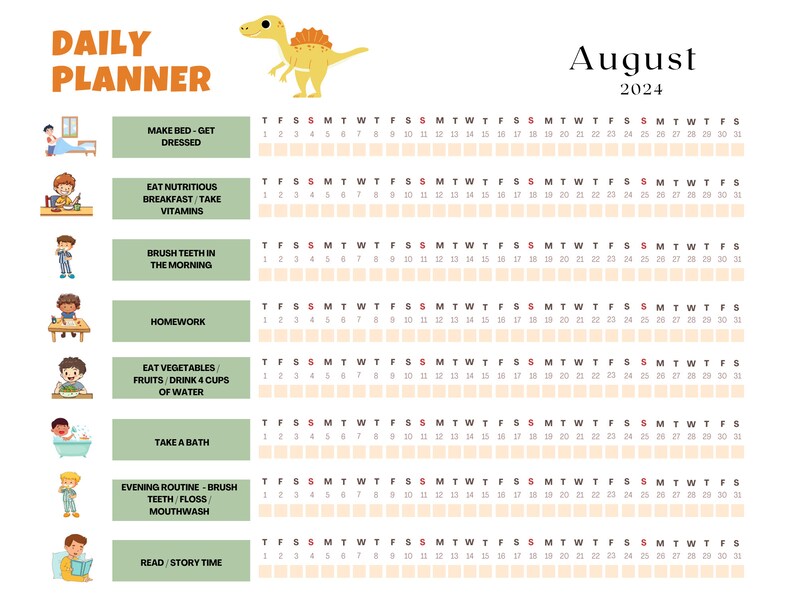 Habit Tracker for Kids TODDLER Monthly Tracker 2024 Dino Charts ...