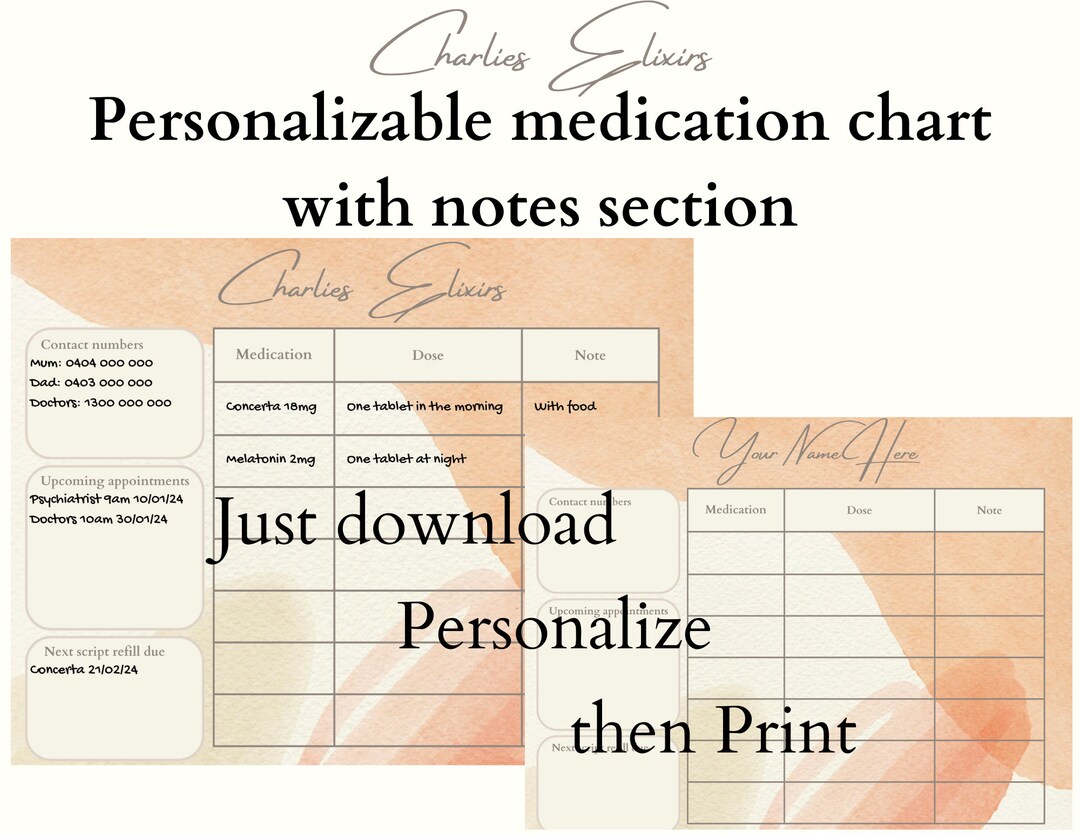 Personalizable Medication List Chart With Notes - Etsy
