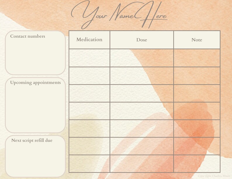 Personalizable Medication List Chart With Notes - Etsy
