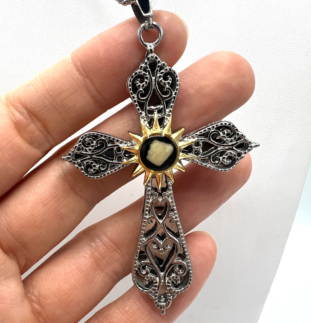 Nativity Stones Heart and Filigree Cross - Two Tone Finish - Etsy