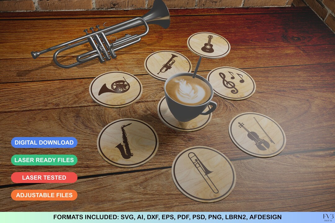 Musical Instrument Laser Cut Coasters - Easy-to-cut Digital Files for ...