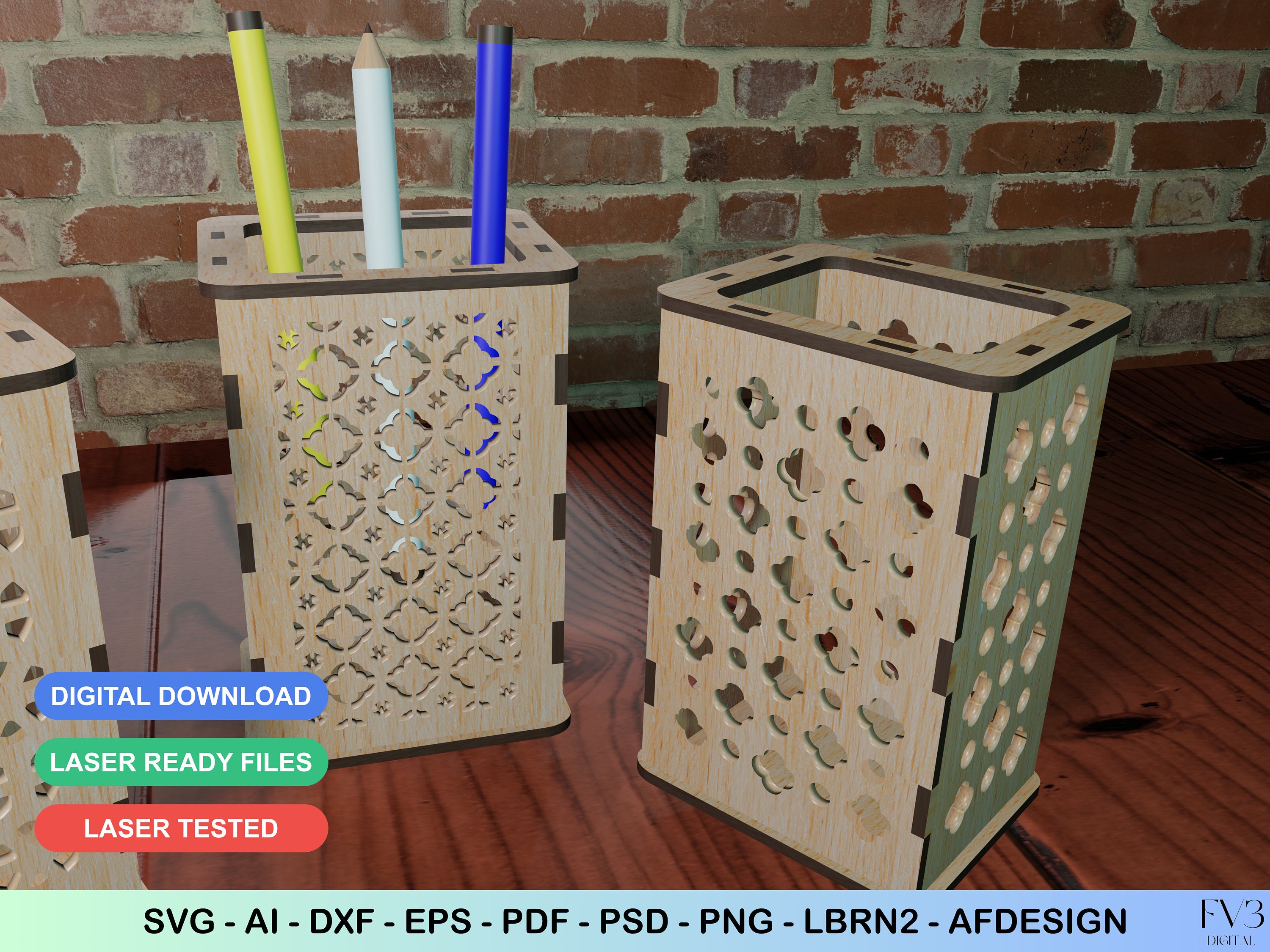 Pen Holder 3 Models SVG Laser Cut Files Digital Download. Ideal Vectors ...