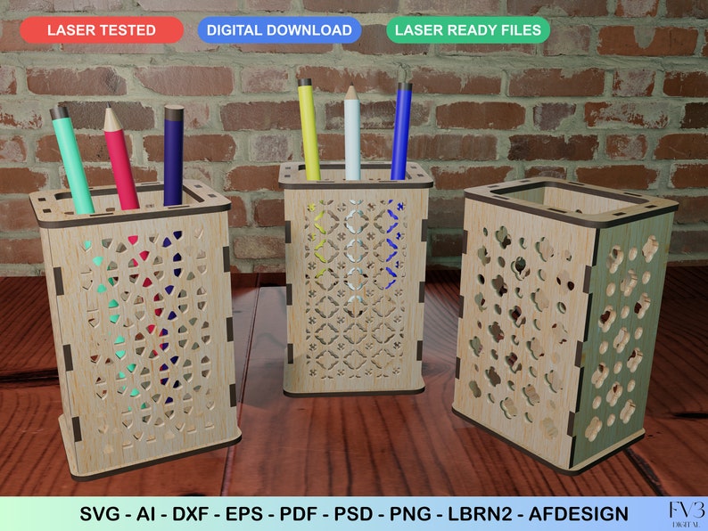 Pen Holder - 3 Models - SVG Laser Cut Files Digital Download. Ideal ...