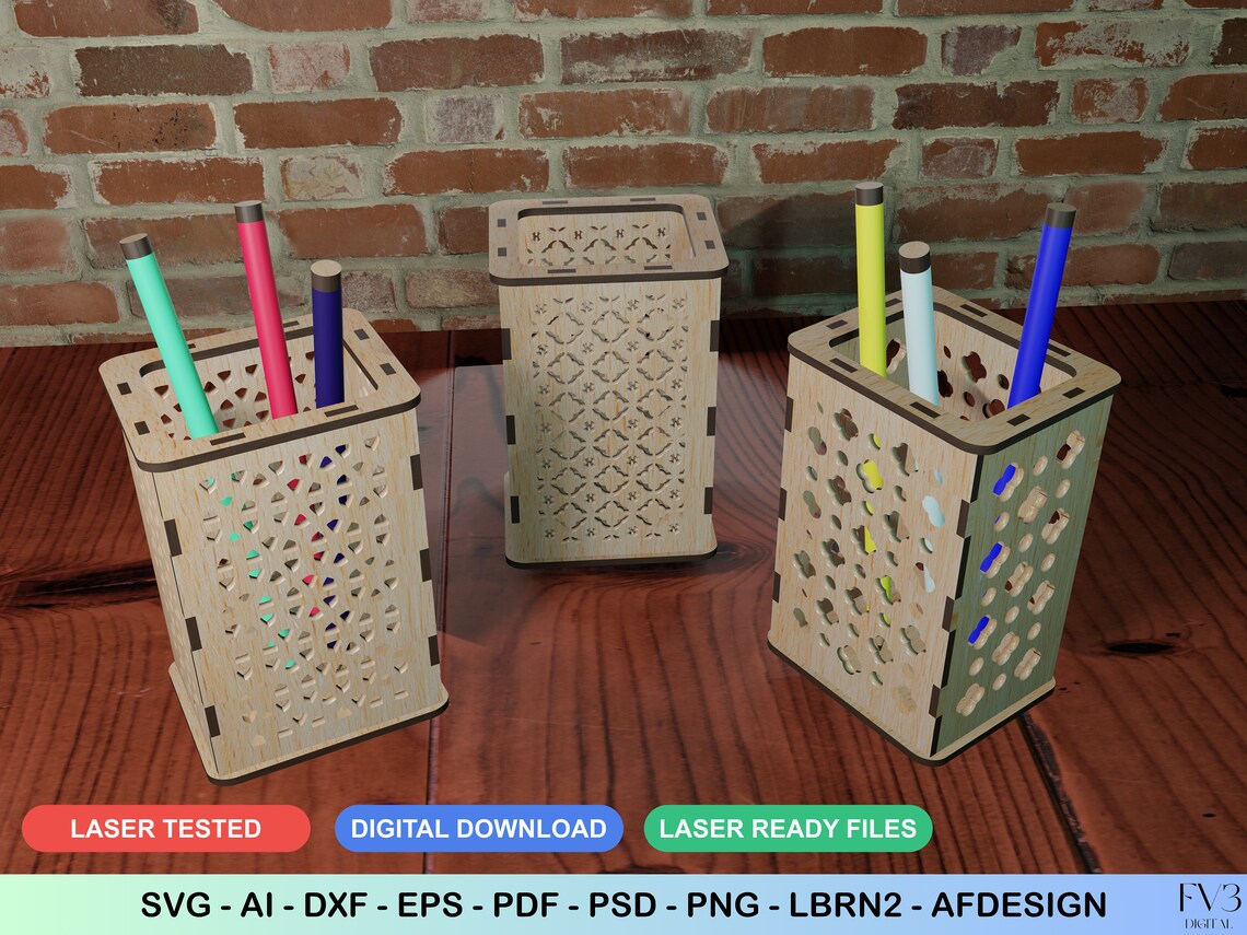 Pen Holder 3 Models SVG Laser Cut Files Digital Download. Ideal Vectors ...