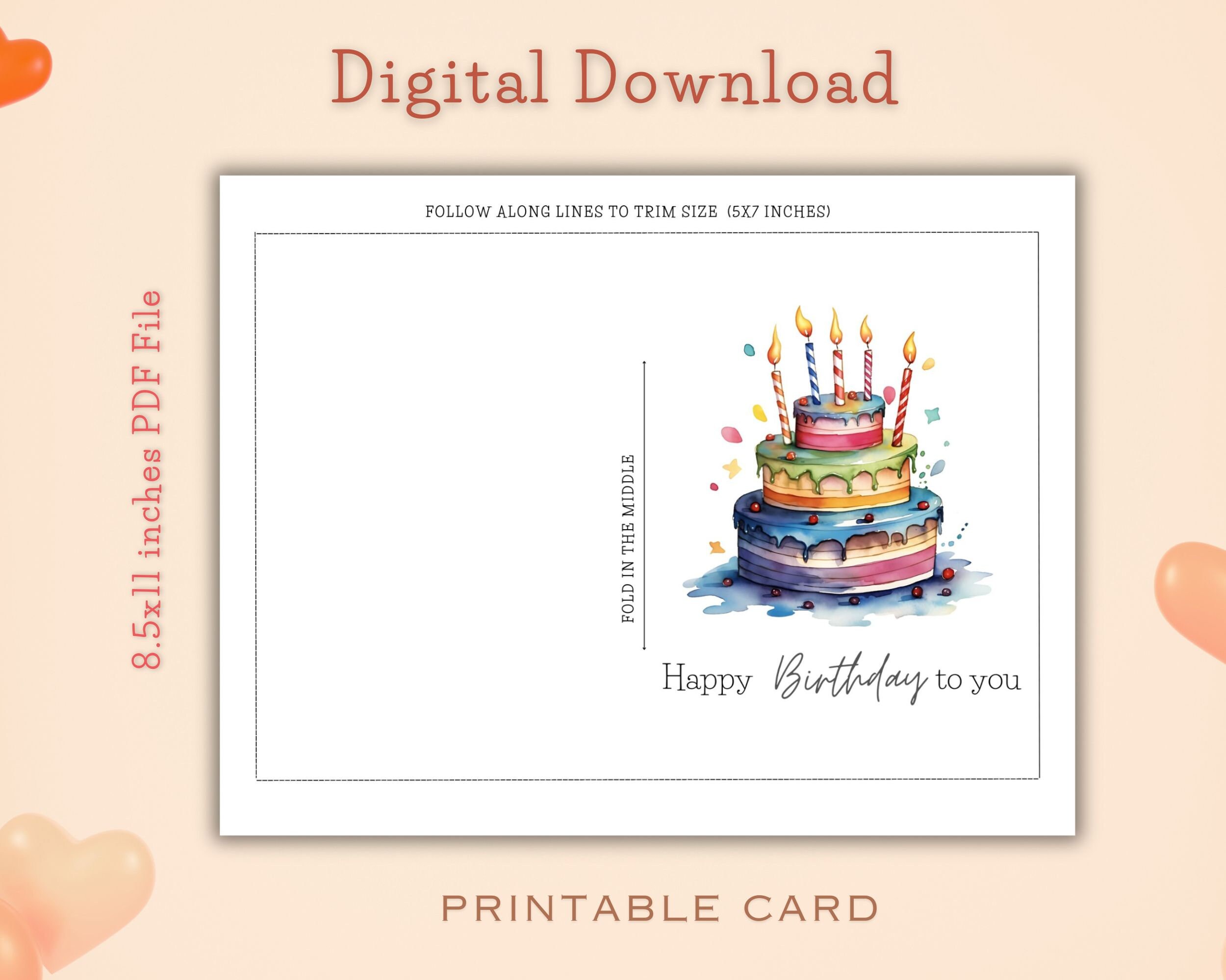 Happy Birthday Card Digital Download, Printable Cards, Colorful Cake ...