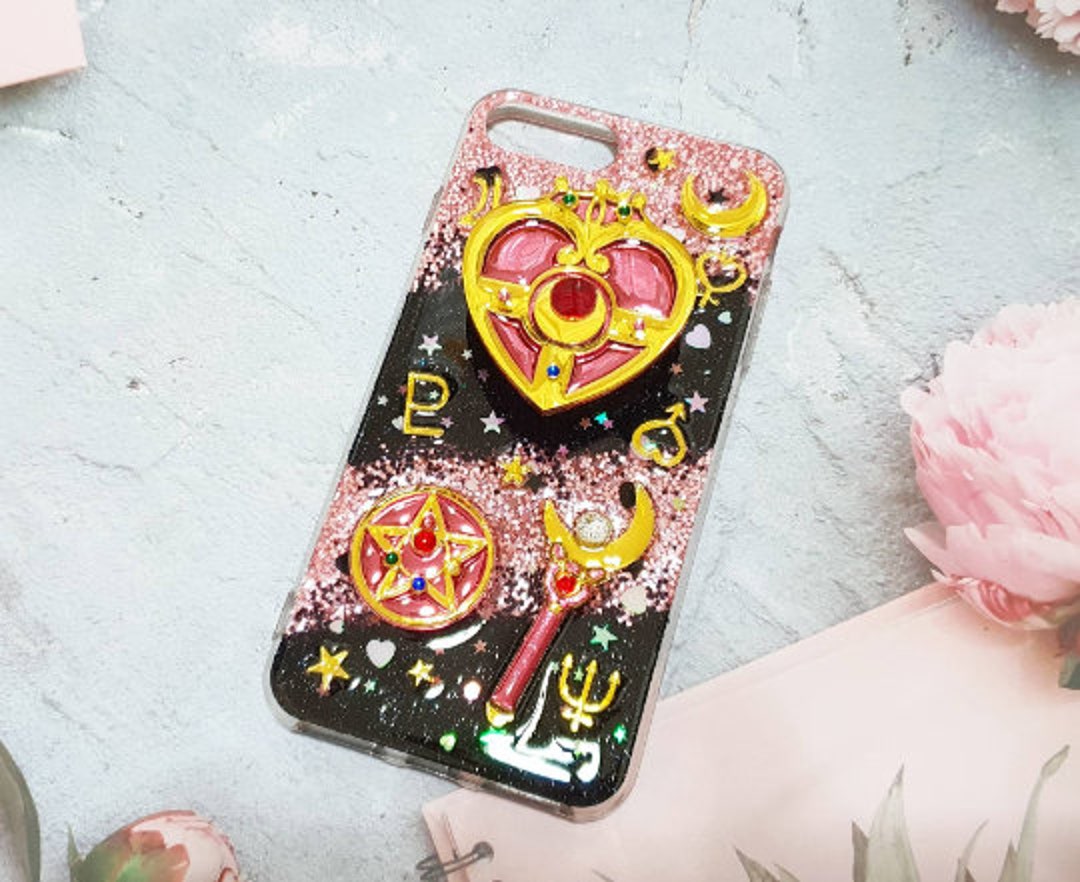 Black Pink Glitter Phone Case With a Heart Compact Charm for iPhone and ...