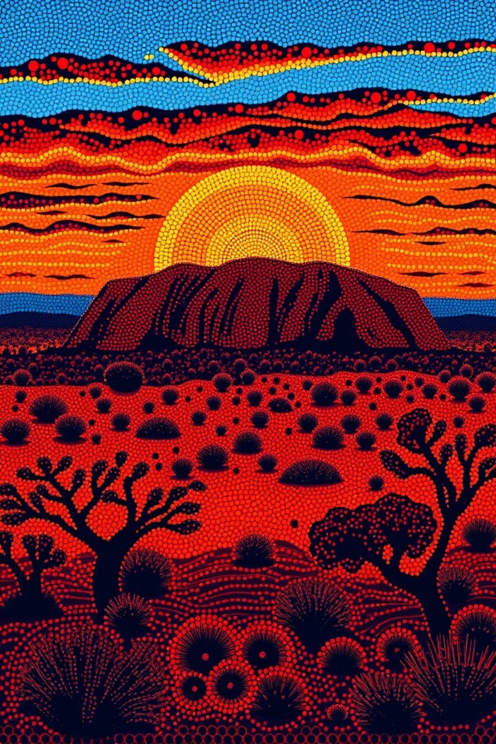 Australian Aboriginal Art Print, Uluru Sunset Landscape, Vibrant Red ...