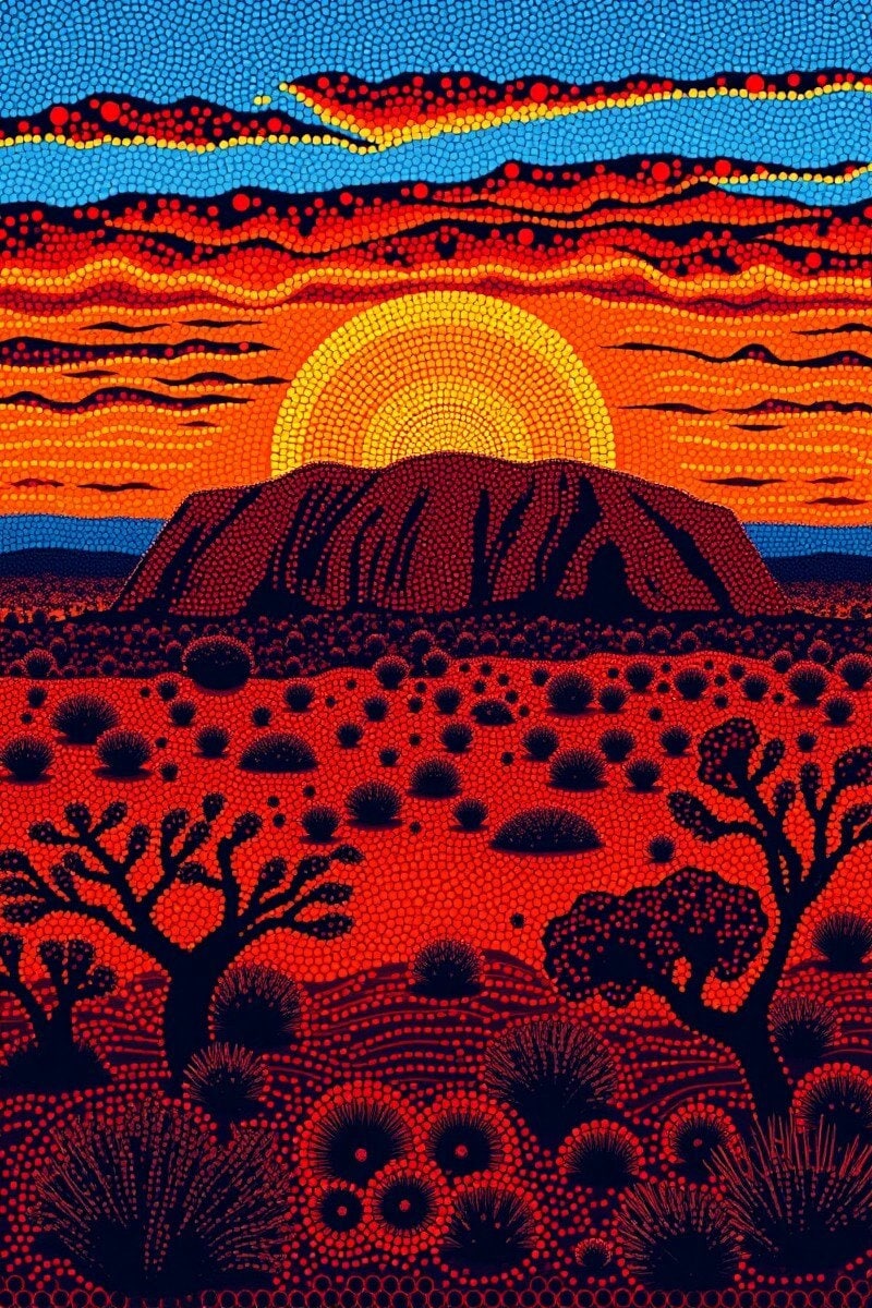 Australian Aboriginal Art Print, Uluru Sunset Landscape, Vibrant Red ...