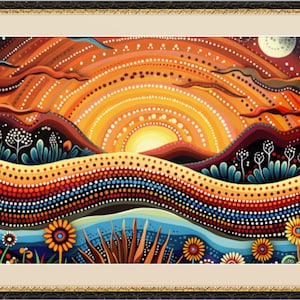 Stunning Large Landscape Dot Painting, Sunset Hills Abstract Art ...