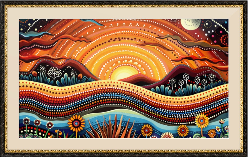 Stunning Large Landscape Dot Painting, Sunset Hills Abstract Art ...