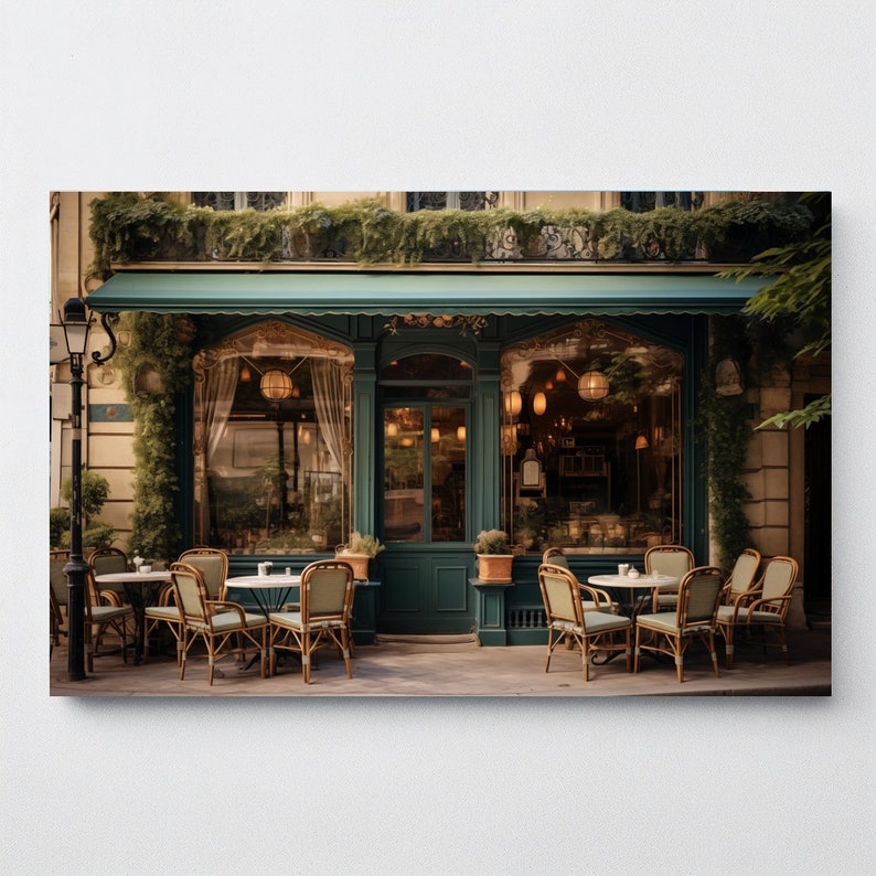 French Café Summer Scene, Printable Vintage Cafe Facade With Social ...