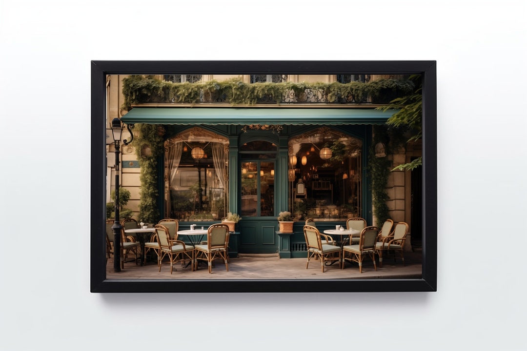 French Café Summer Scene, Printable Vintage Cafe Facade With Social ...