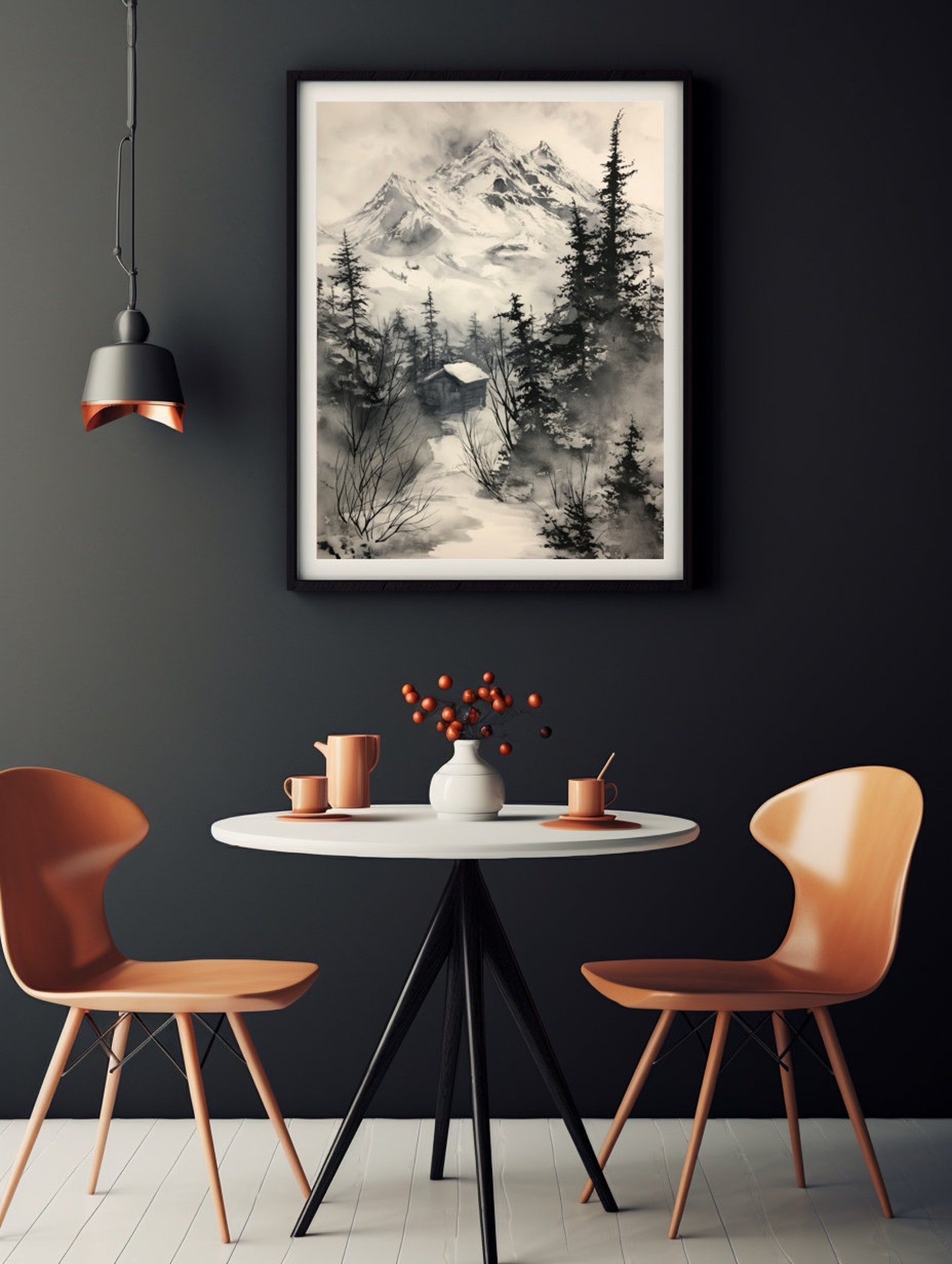 Misty Snowy Mountain: Ink Wash Painting With Evergreen Trees and ...