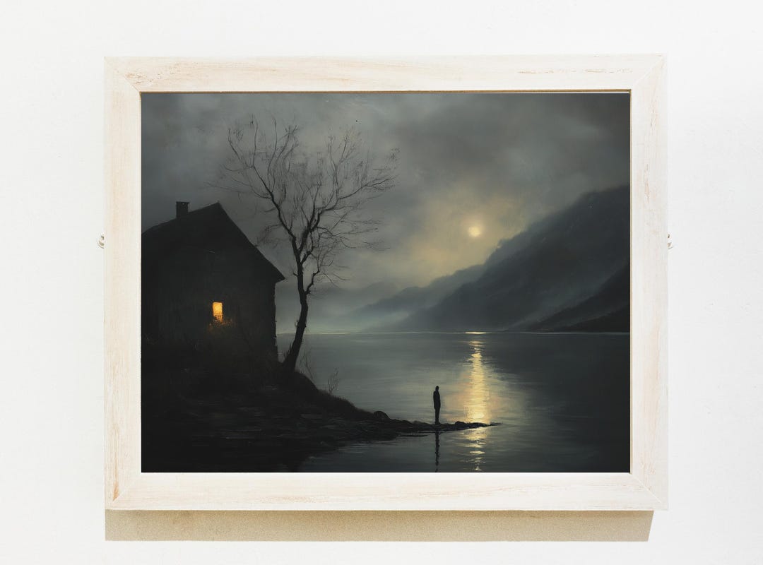 Somber Reflections: A Solitary Figure by the Lake Mysterious Landscape ...